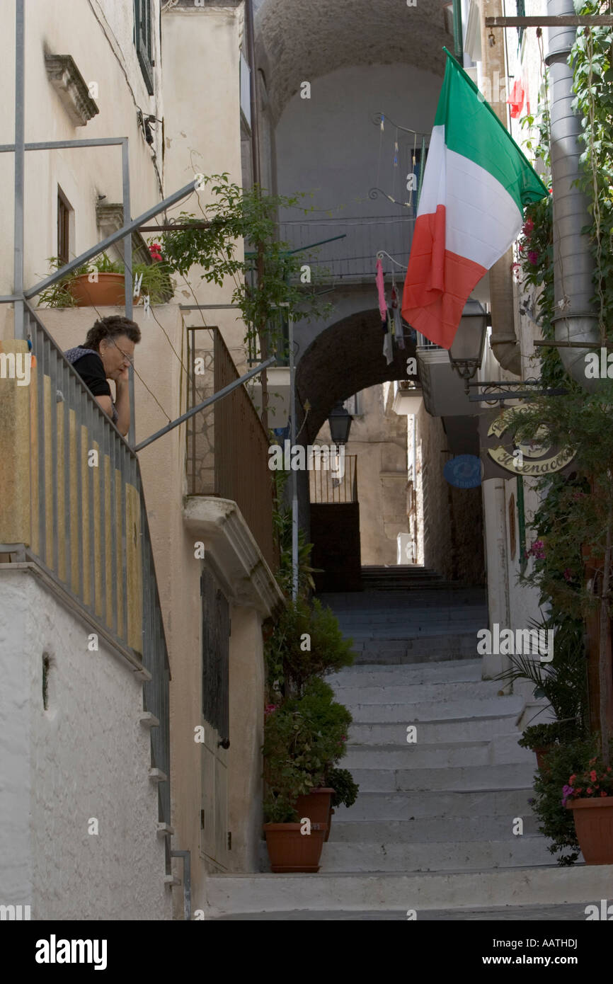 Stepped and steep pedestrian street, Vieste, Gargano, Pugli, Italy ...