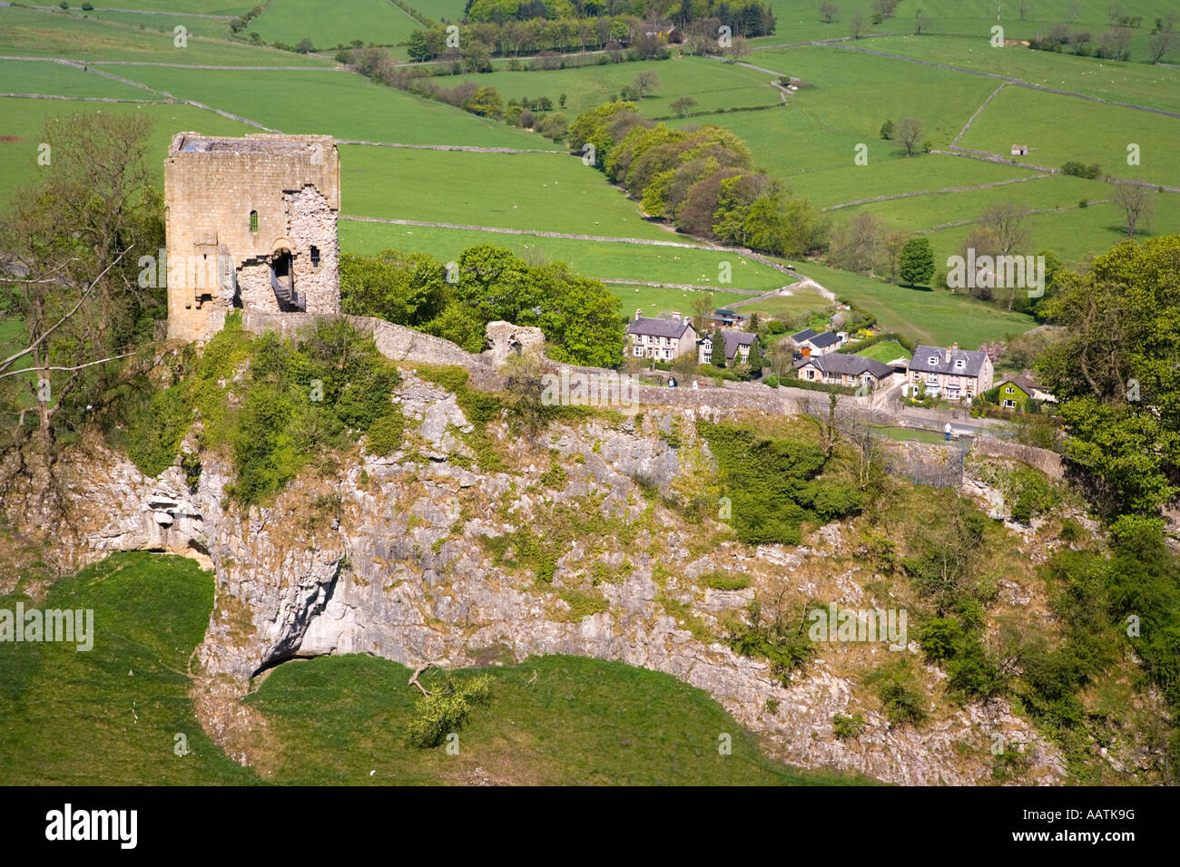 View of Peveril Castle from above CaveDale at Castleton in the Peak ...