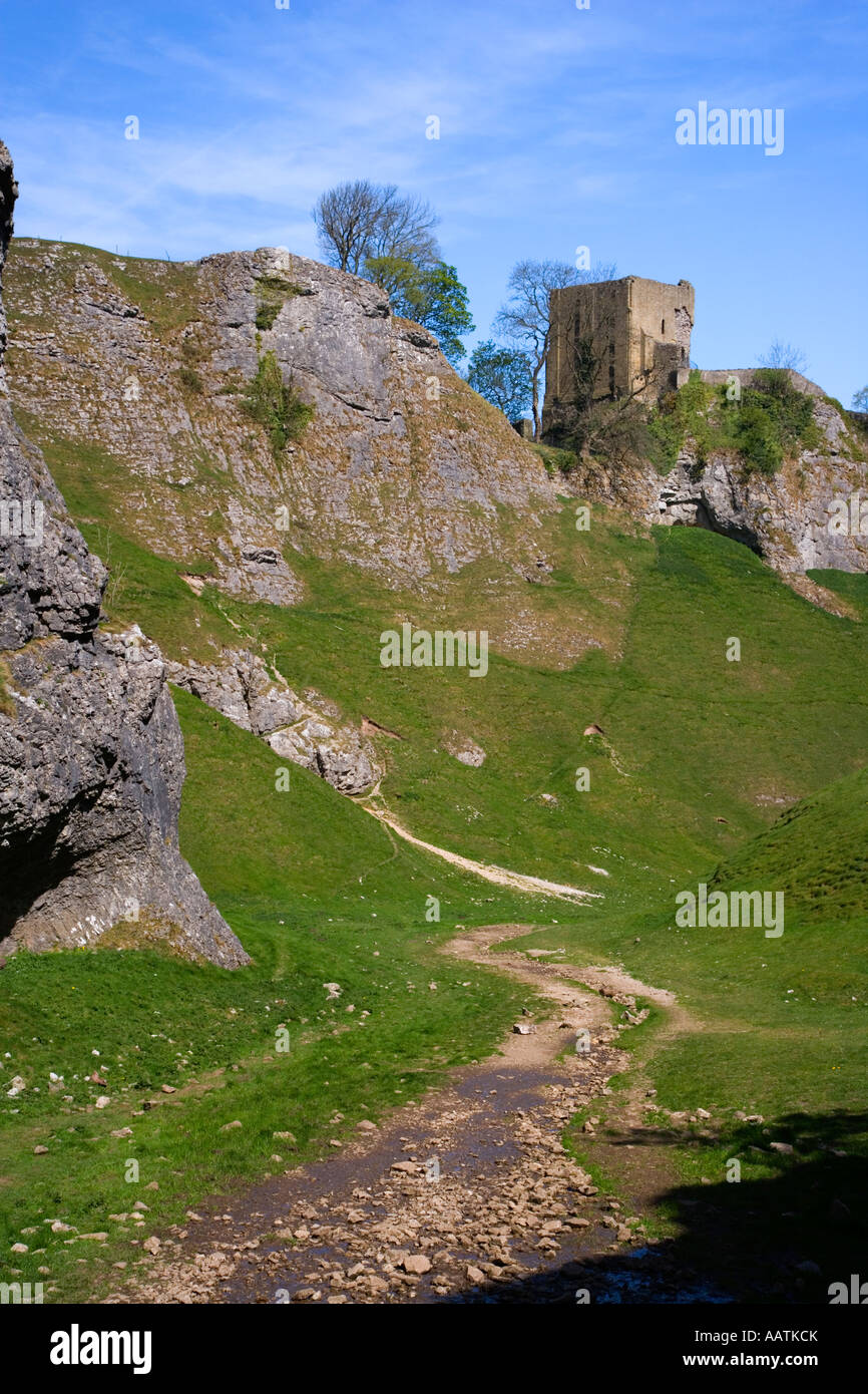 View of the keep at Peveril Castle above CaveDale at Castleton in the ...