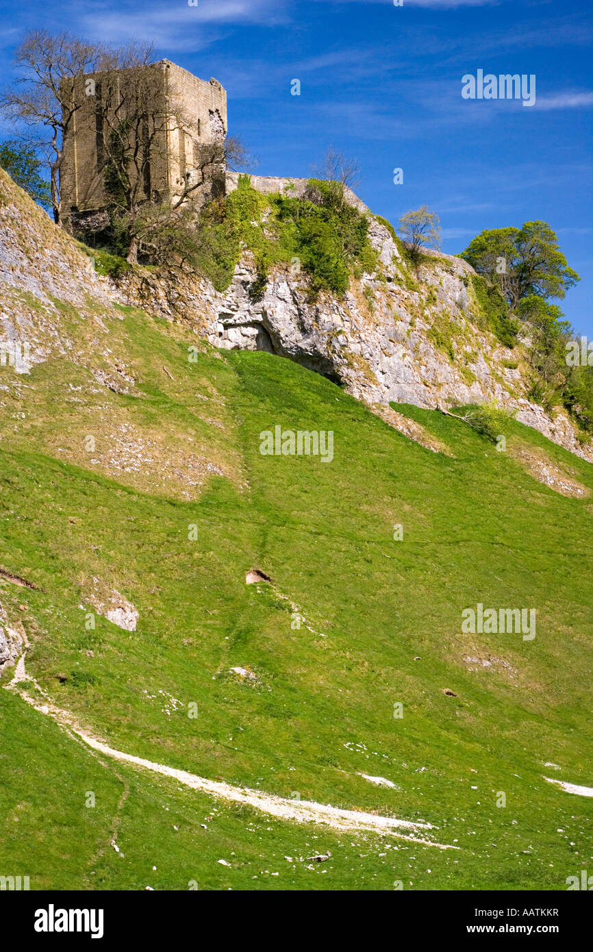 View of Peveril Castle above CaveDale at Castleton in the Peak District ...