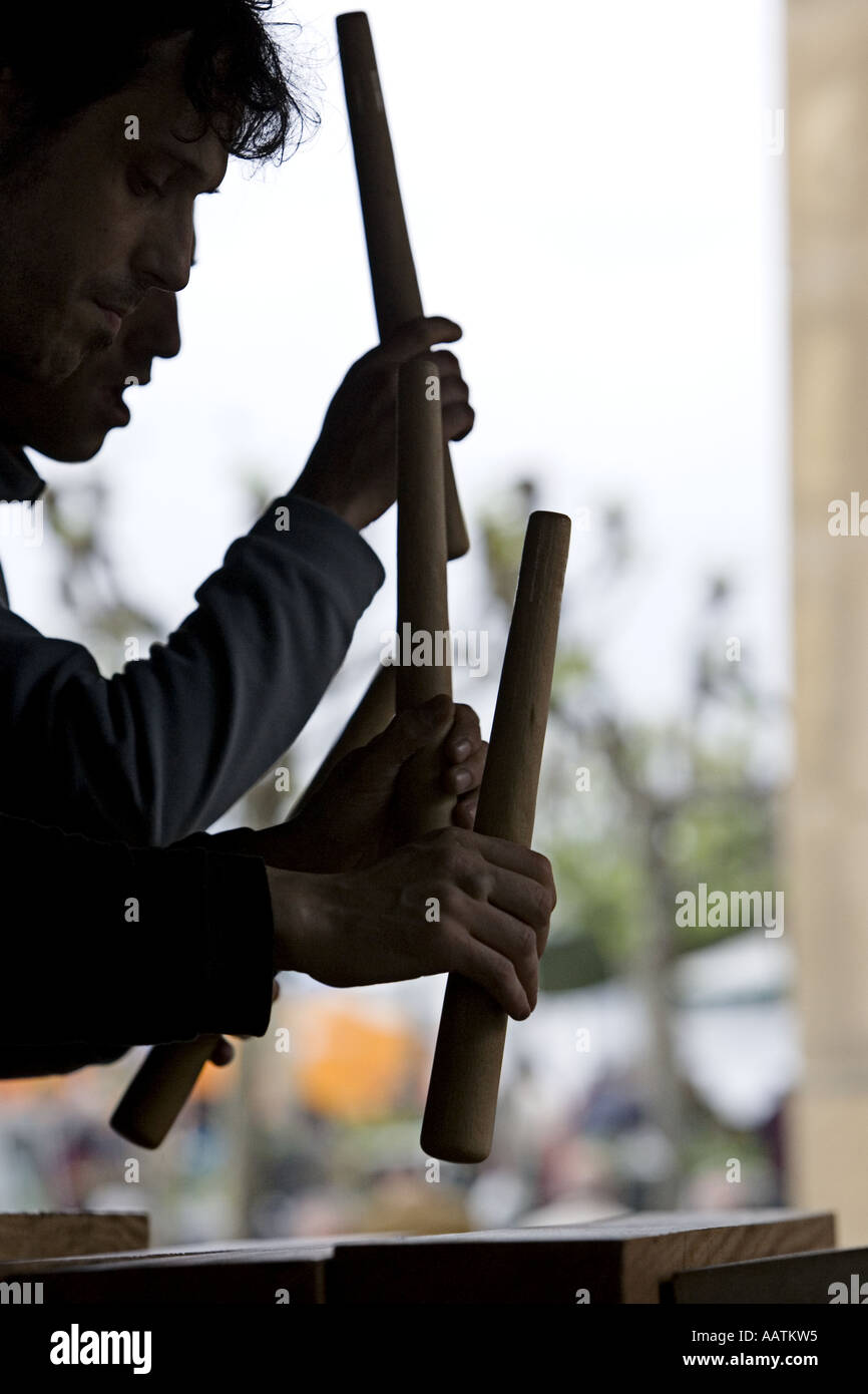 Two Basque men playing the Txalaparta, a Basque traditional percussion ...