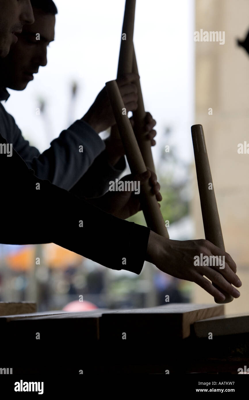 Two Basque men playing the Txalaparta, a Basque traditional percussion ...