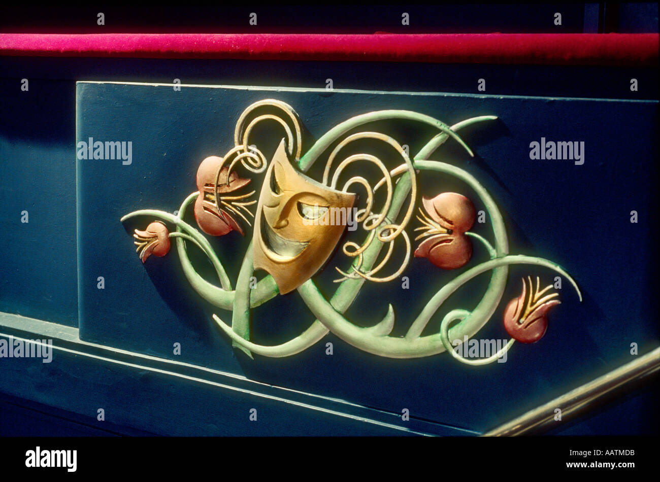 Close up art deco detail of stylised Comedy and Tragedy masks, on the ...