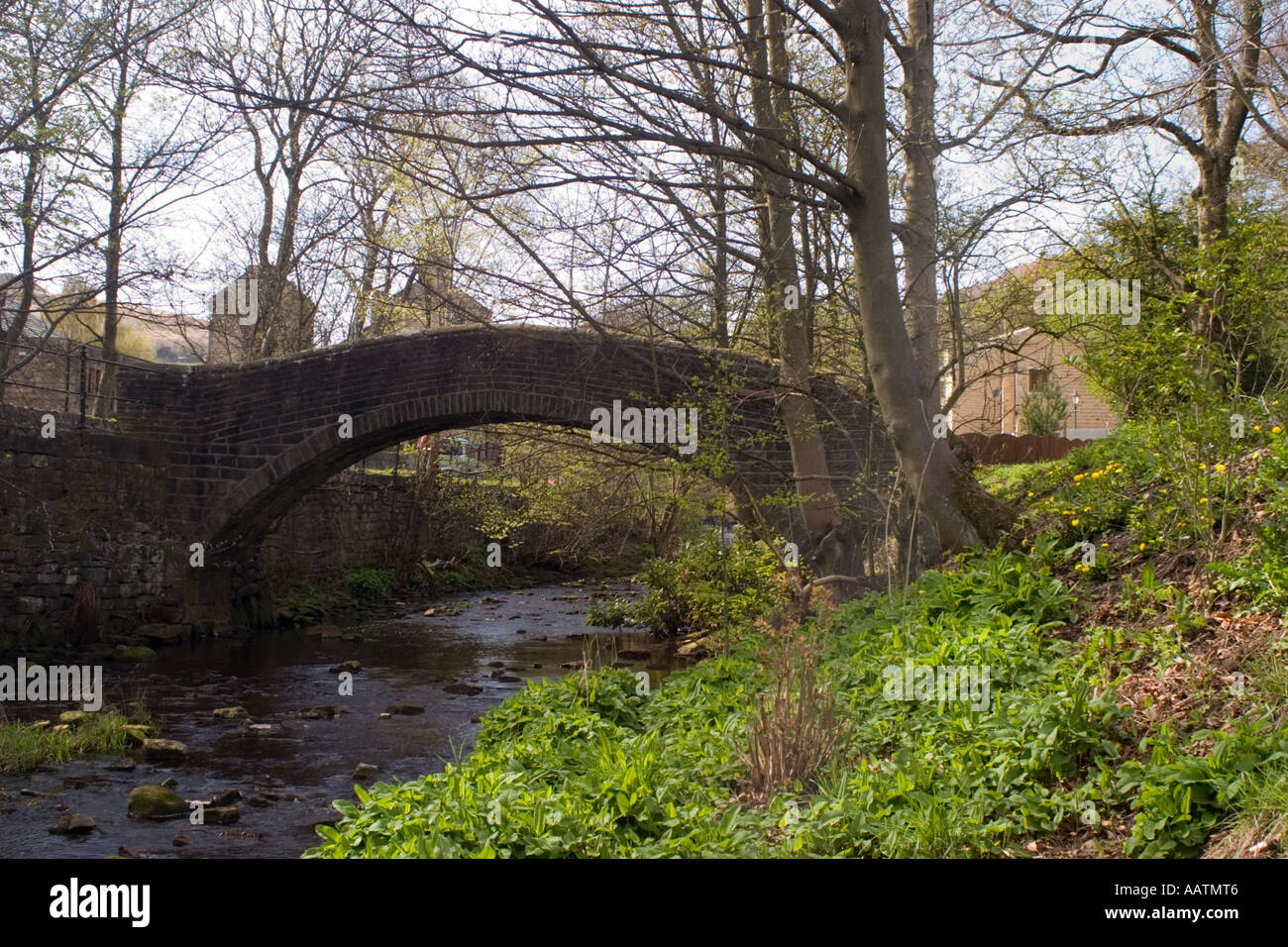 Old stone bridge over River Colne Marsden Stock Photo - Alamy