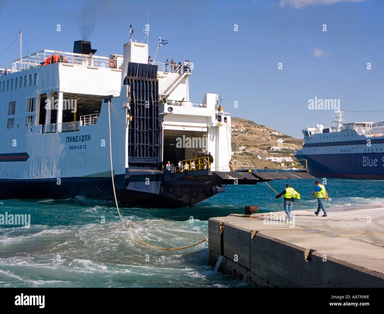 Ferry arriving at Paroikia harbour in Paros, Cyclades Greece Stock ...