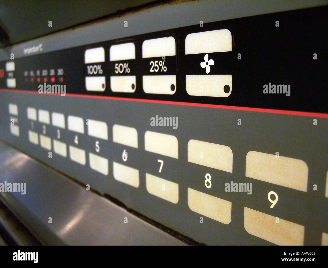 Industrial microwave convection control switch panel in a pub kitchen ...