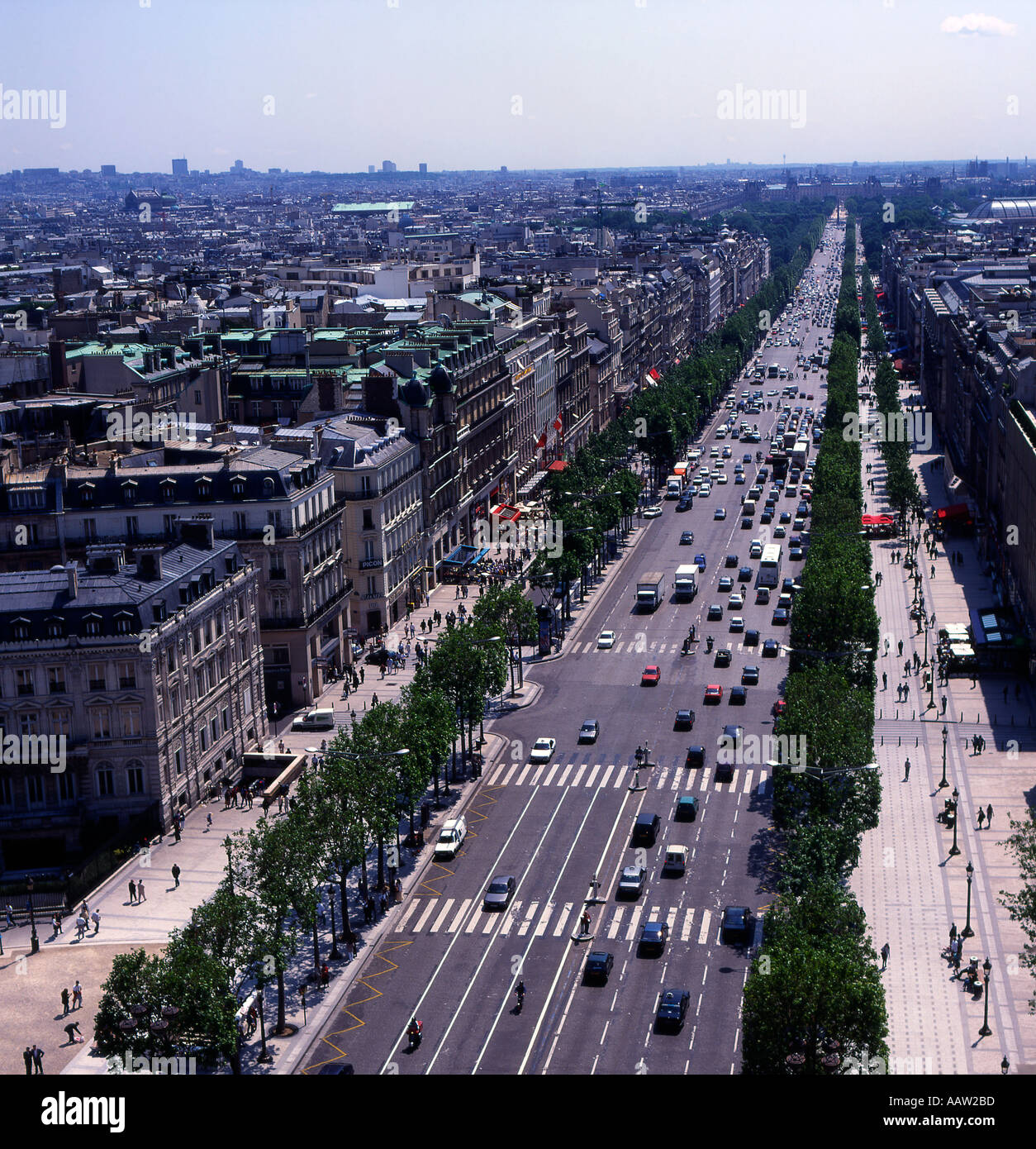 View down the Avenue Champs Elysees from the Arc de Triomphe Paris ...