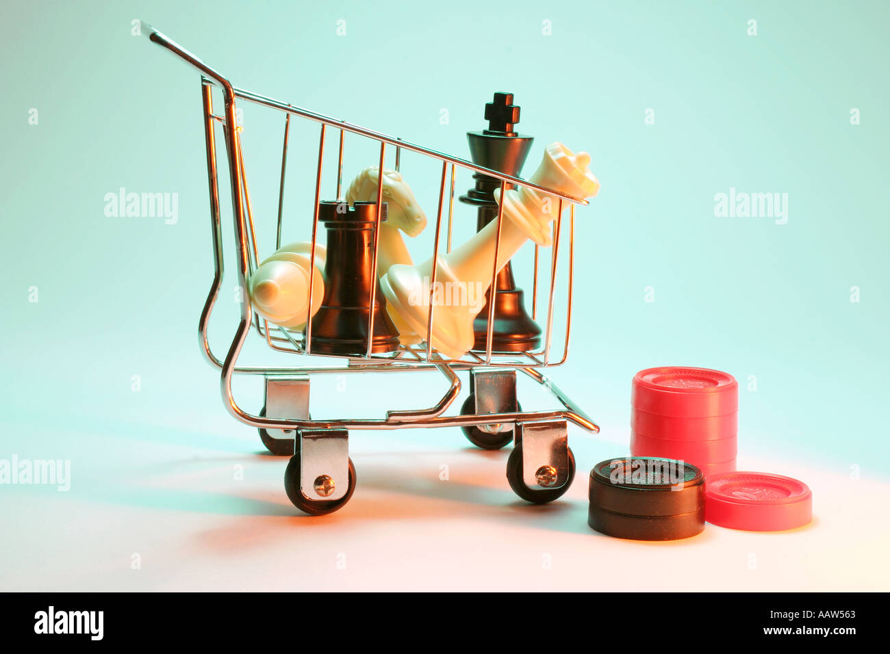 Chess Pieces in Shopping Trolley with Checkers Stock Photo - Alamy