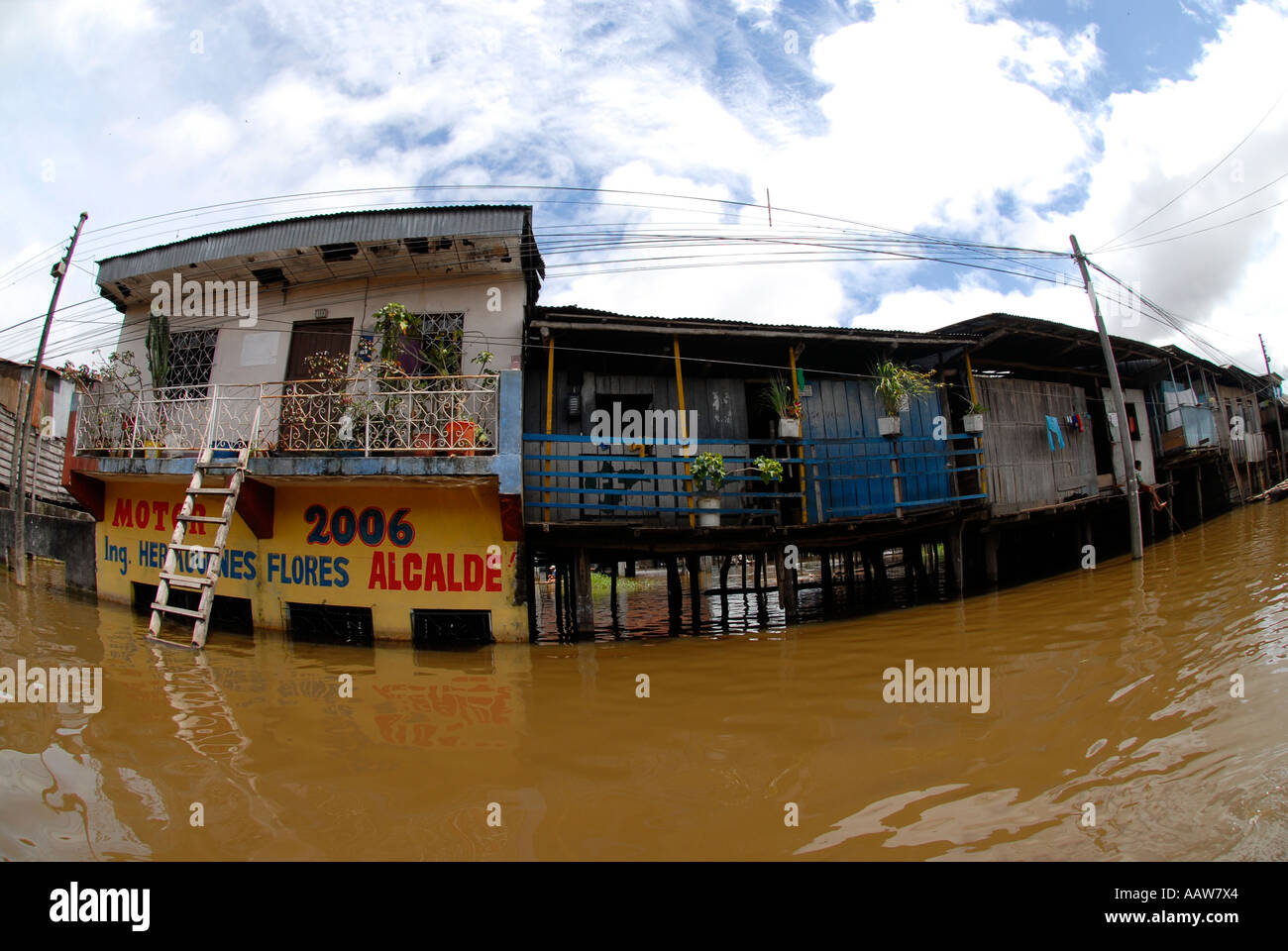 The floating village of Belen near Iquitos on the Amazon River in Peru ...