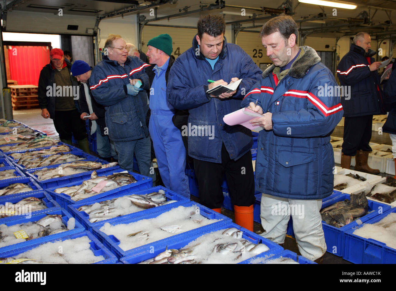 Boxes of fish go on sale at Peterhead Fishmarket at Peterhead Harbour ...