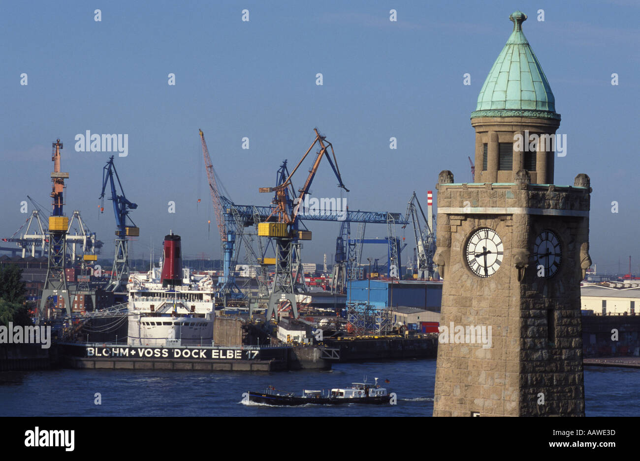 Clock tower at the landing stages of St Pauli, Hamburg, Germany Stock ...