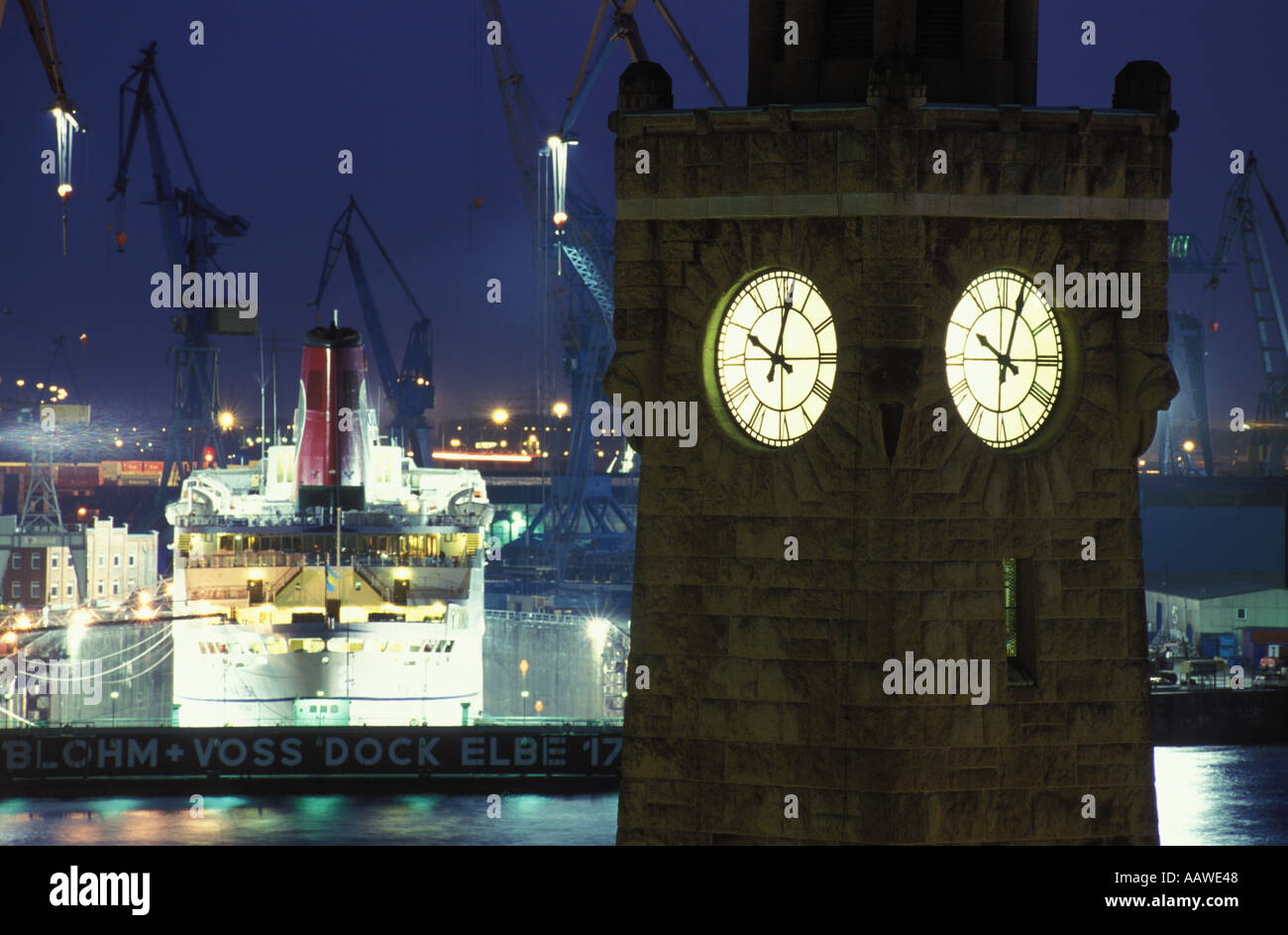 Clock tower at the landing stages of St Pauli, Hamburg, Germany Stock ...