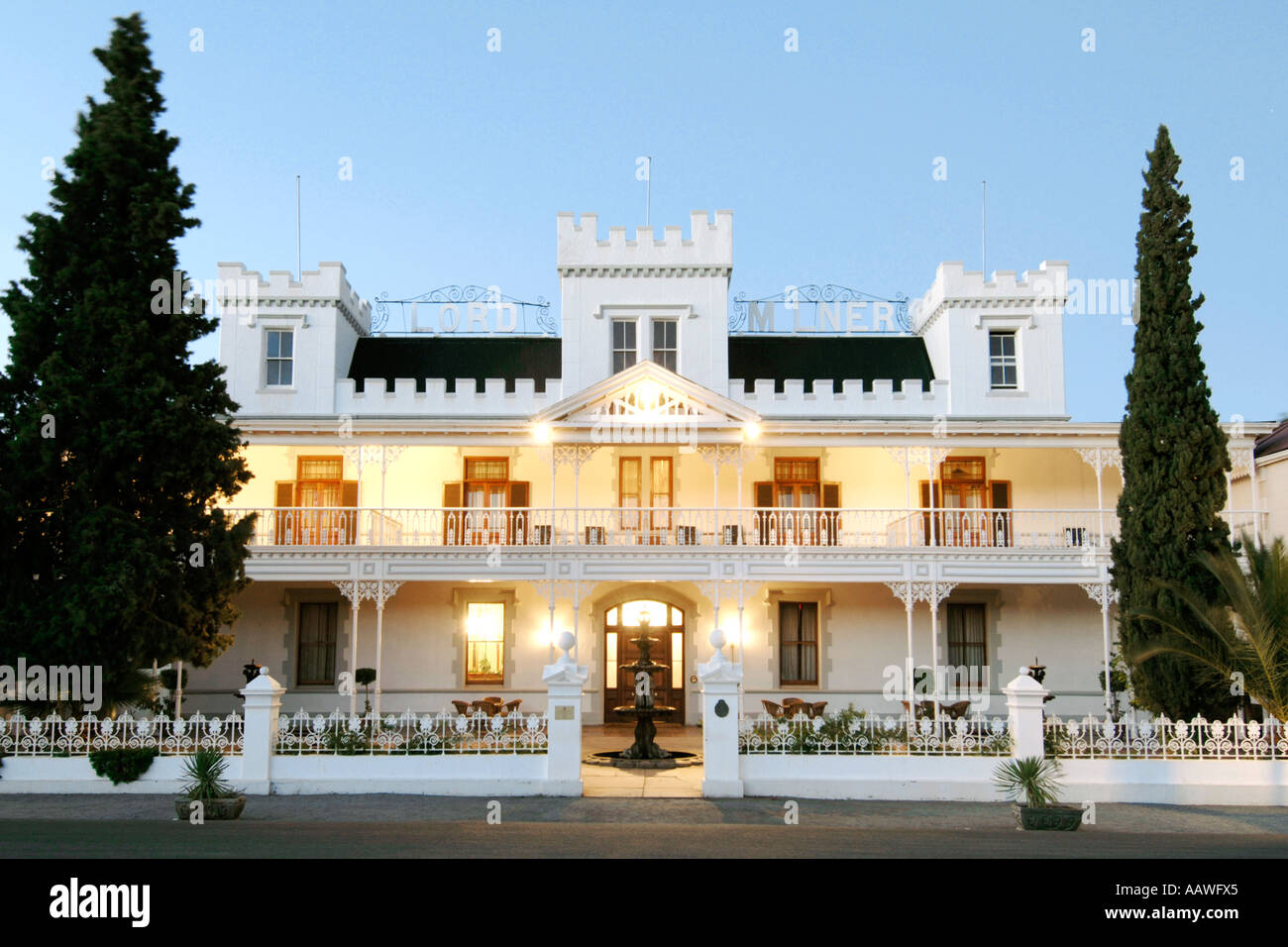 Dusk view of the Lord Milner hotel in the small town of Matjiesfontein ...