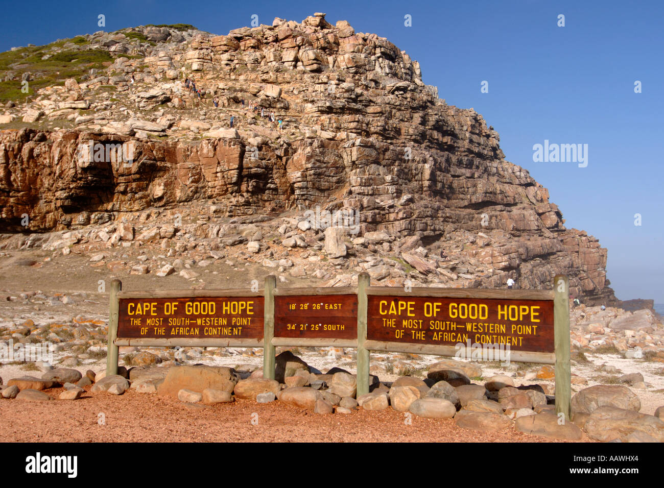 Signs at the Cape of Good Hope in the Cape Point Nature Reserve in ...
