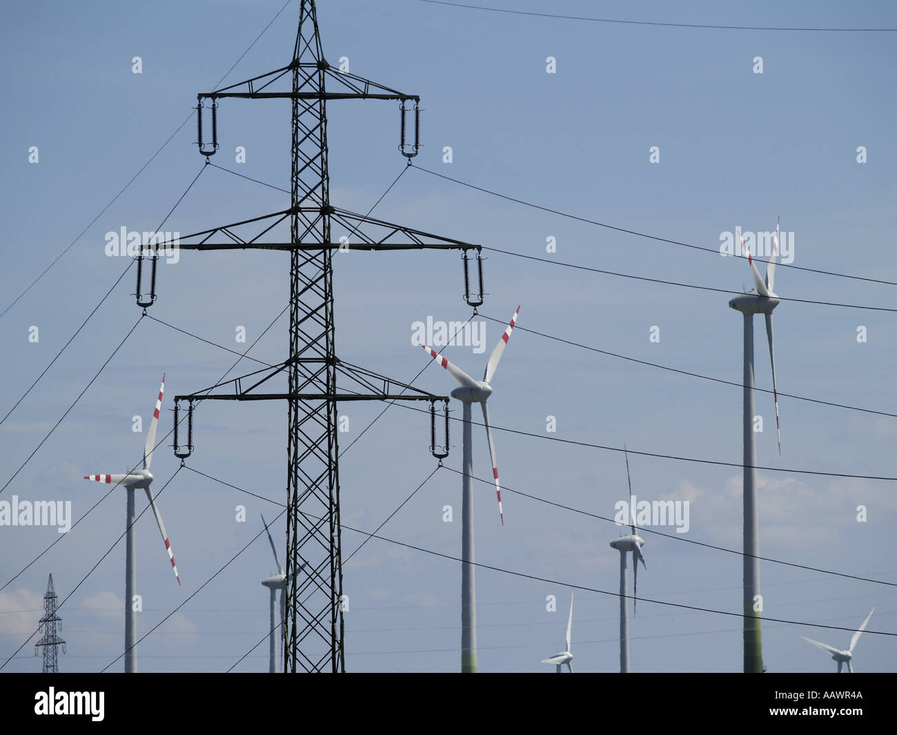 electricity, power pole, high-voltage line, wind turbines Stock Photo ...