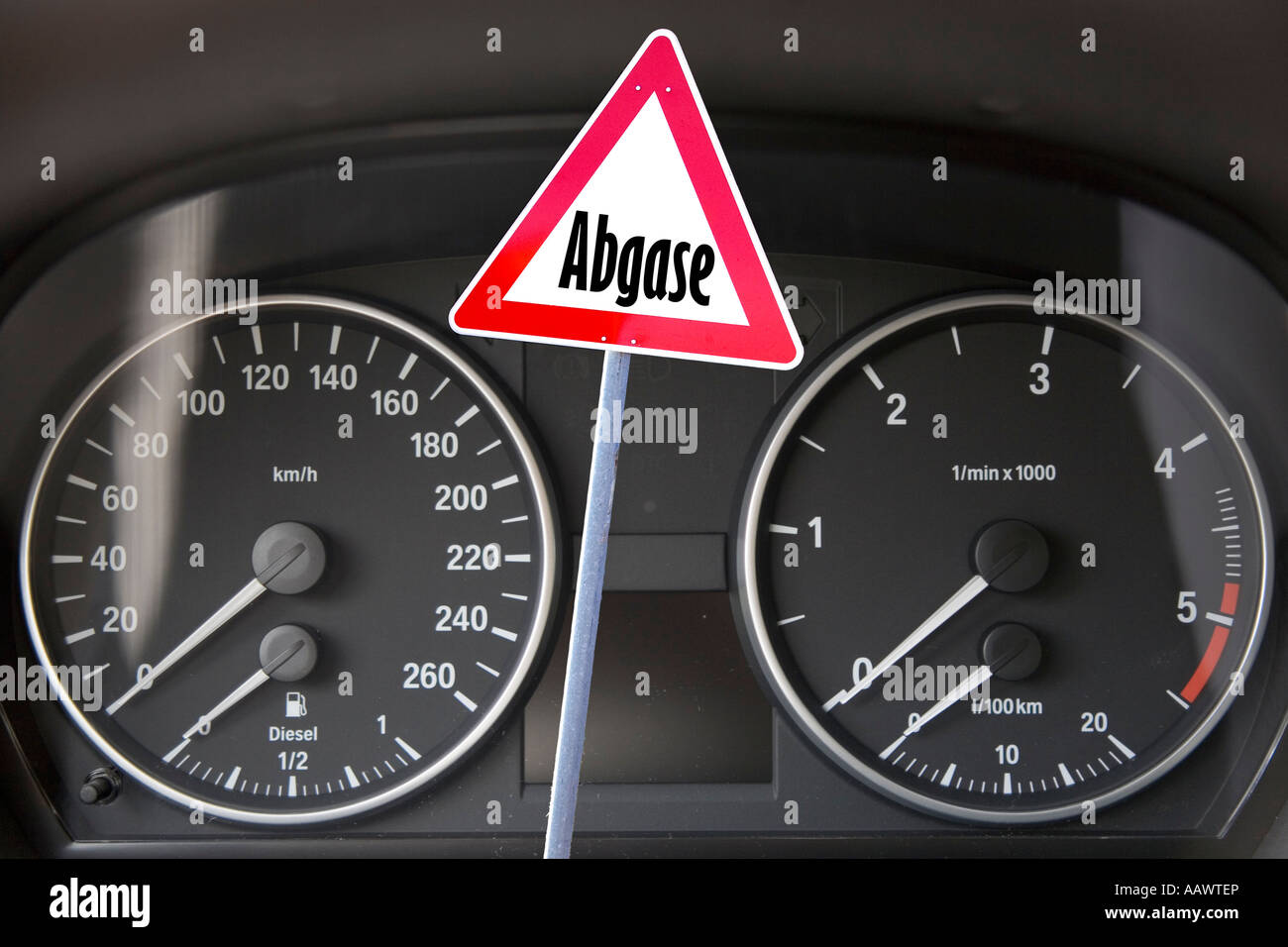 Instrument panel in a car with a sign showing "Abgase" (emissions Stock ...