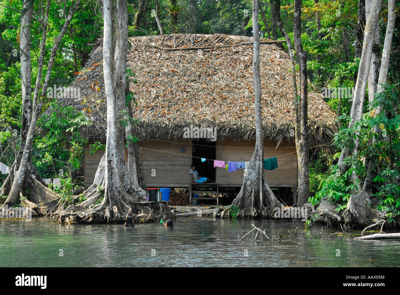 Indigenous hut on the shore Rio Dulce river, Guatemala, Central America ...