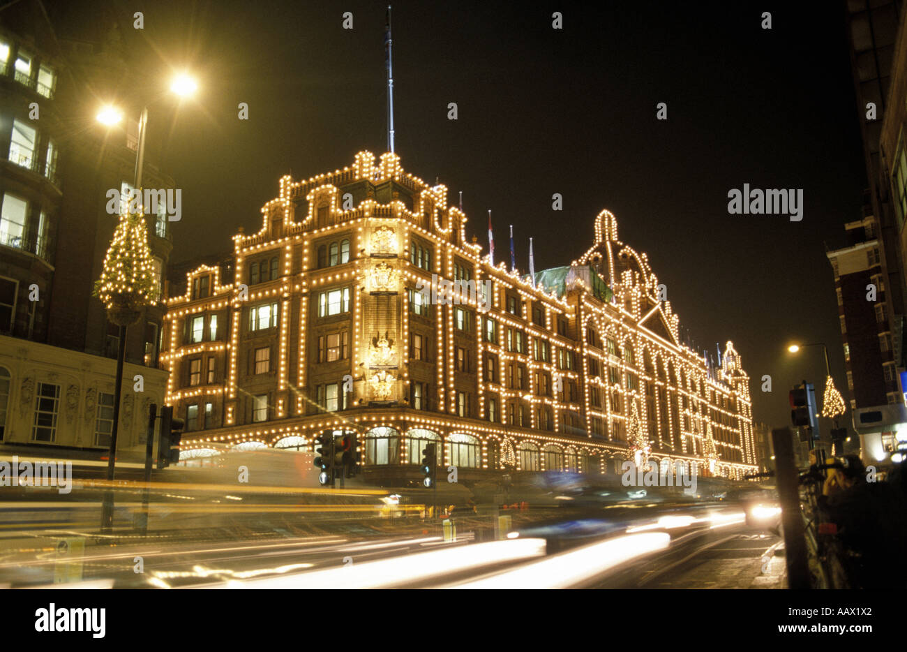 Harrods exterior in Knightsbridge London at night Stock Photo - Alamy