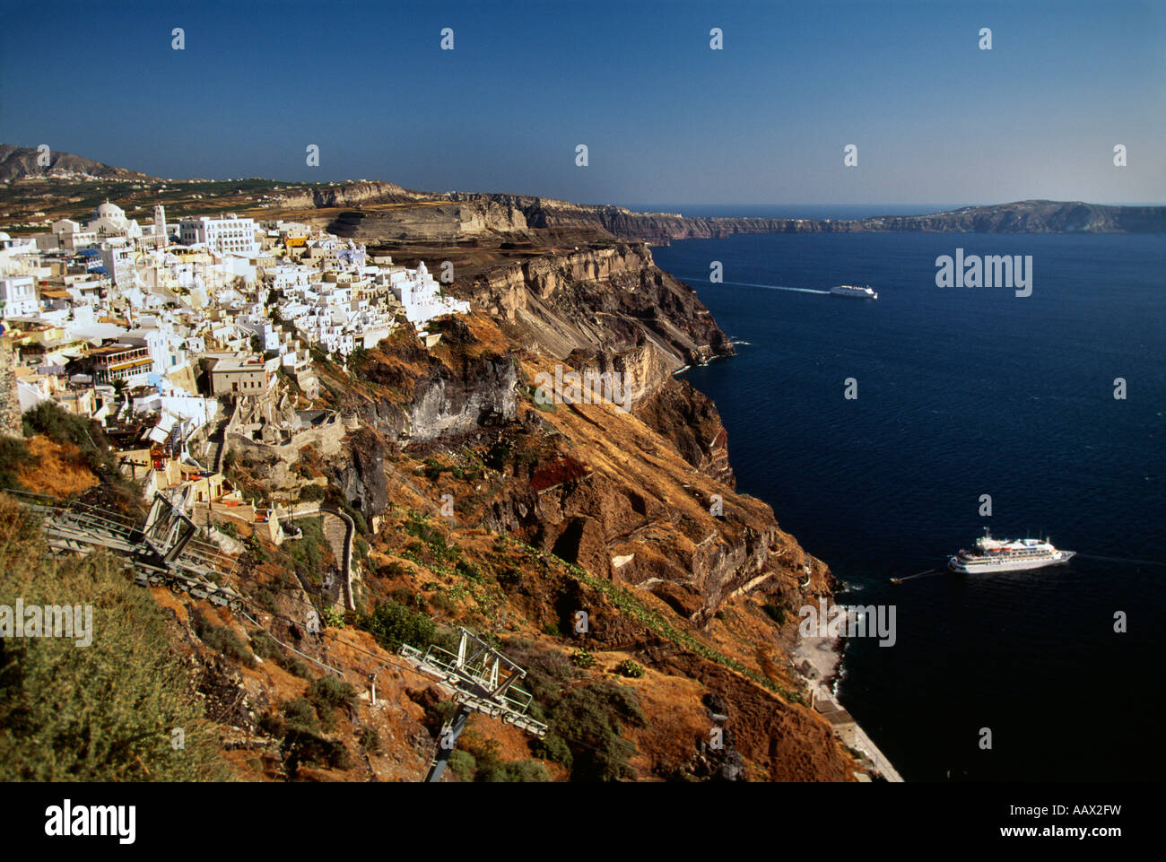 Town of Fira and Port of Scala on island of Santorini (Thira) Cyclades ...