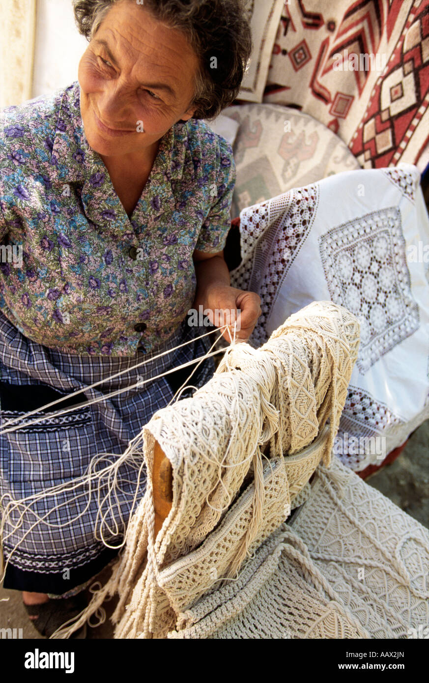 Woman making handicrafts in village of Fodele Island of Crete Greece ...