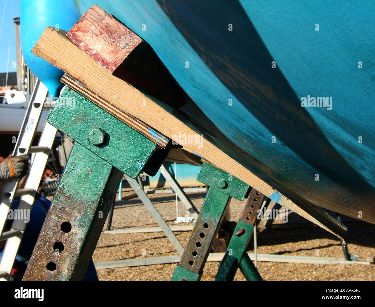 wedges holding up stored boat Stock Photo - Alamy
