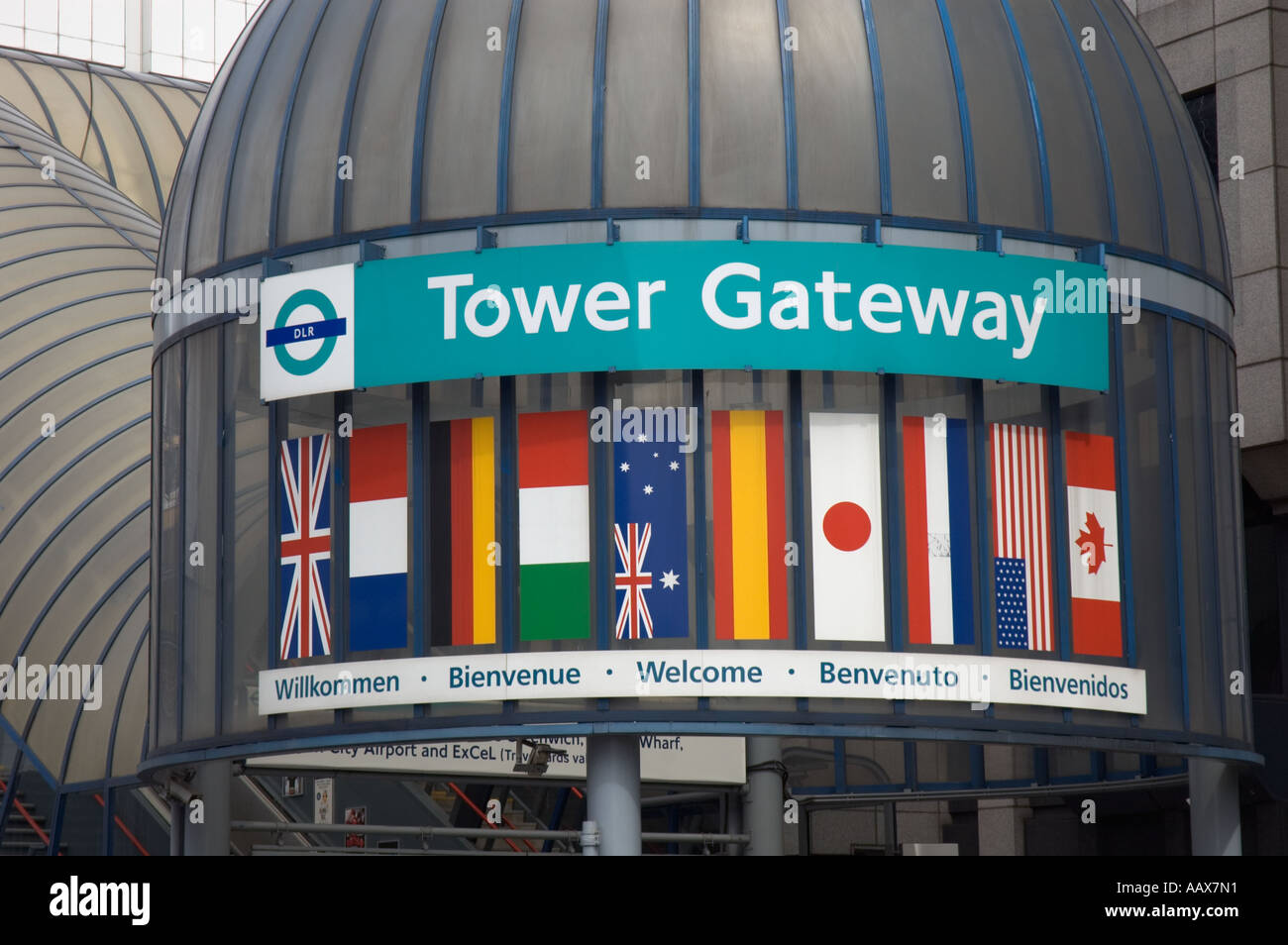 Colorful national flags on the exterior of Tower Gateway DLR (Docklands ...
