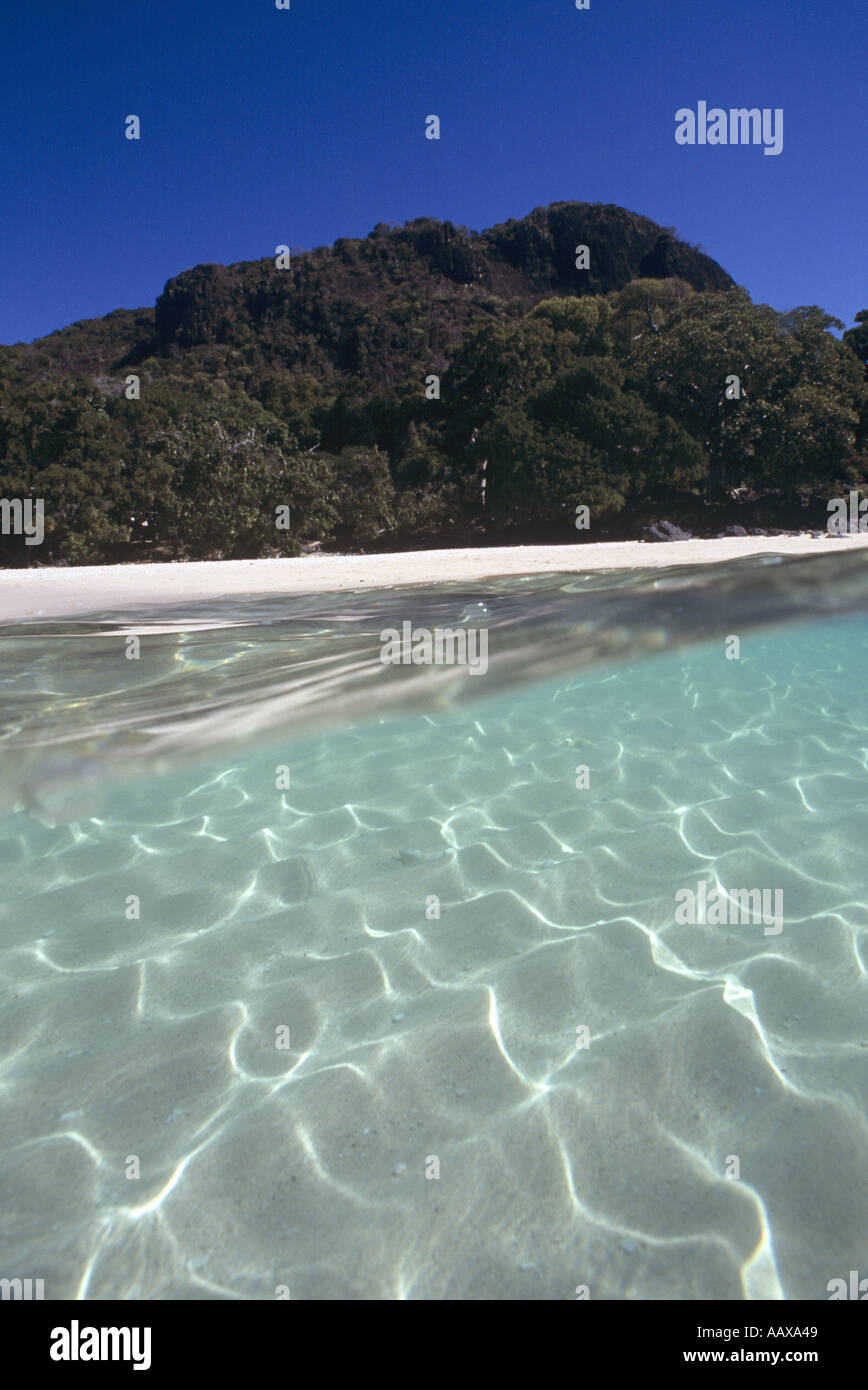 split image of sandy bottom and lush jungle island at Nosy Be in ...