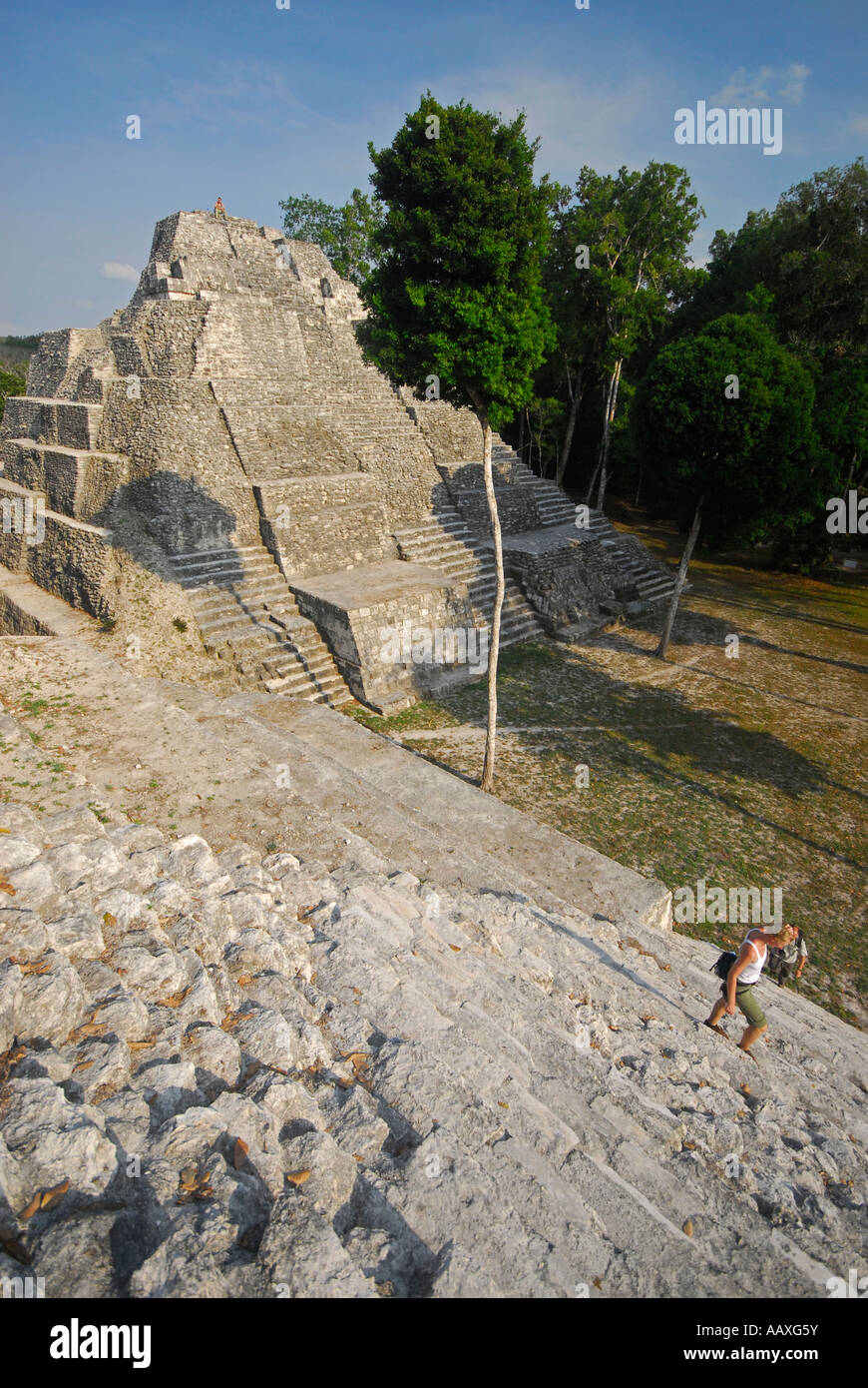 Tourist ascending to pyramid in Yaxha Ruins site, Peten, Guatemala ...