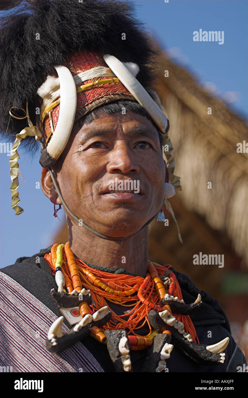 MYANMAR Naga New Year Festival Naga man wearing headdress with wildboar ...