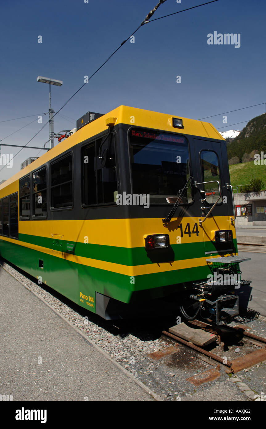 Panoramic Wengernalp bahn train at Grindelwald station Switzerland ...