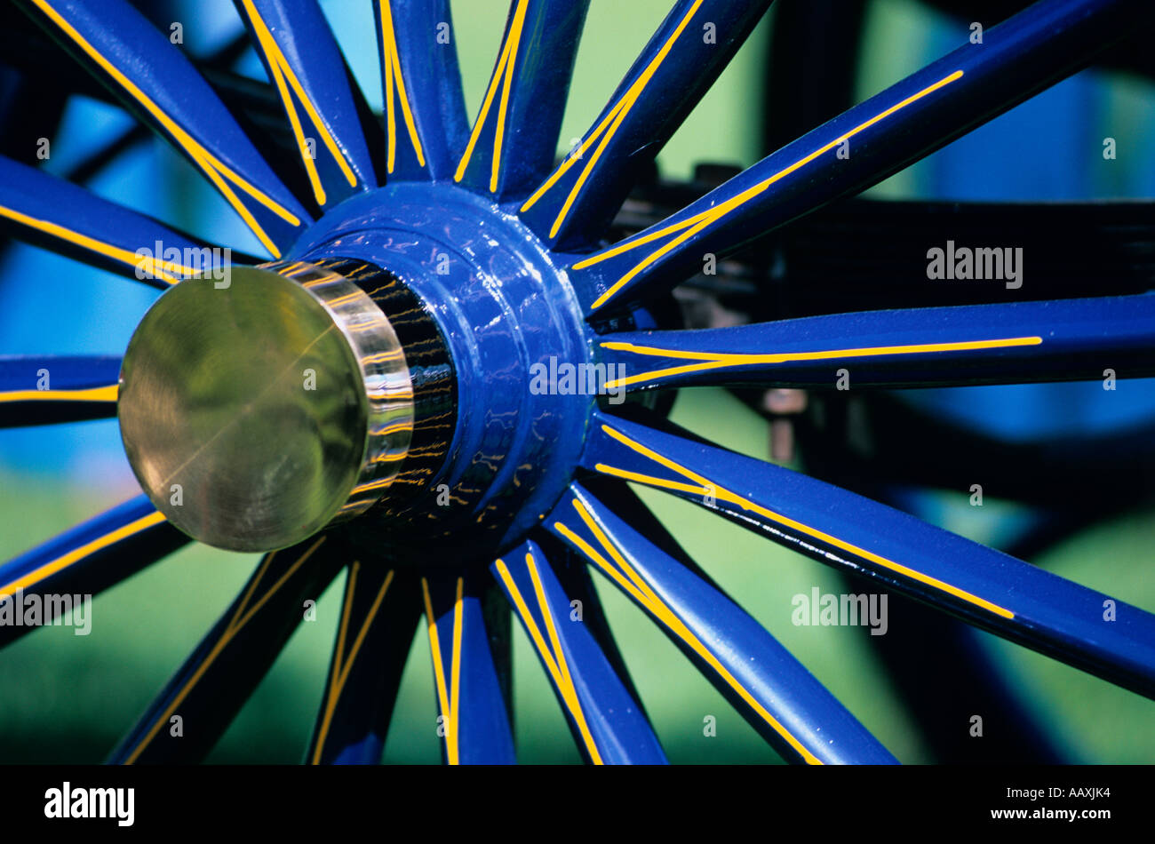 Blue and Yellow cartwheel on horse drawn cart or wagon making a pattern ...