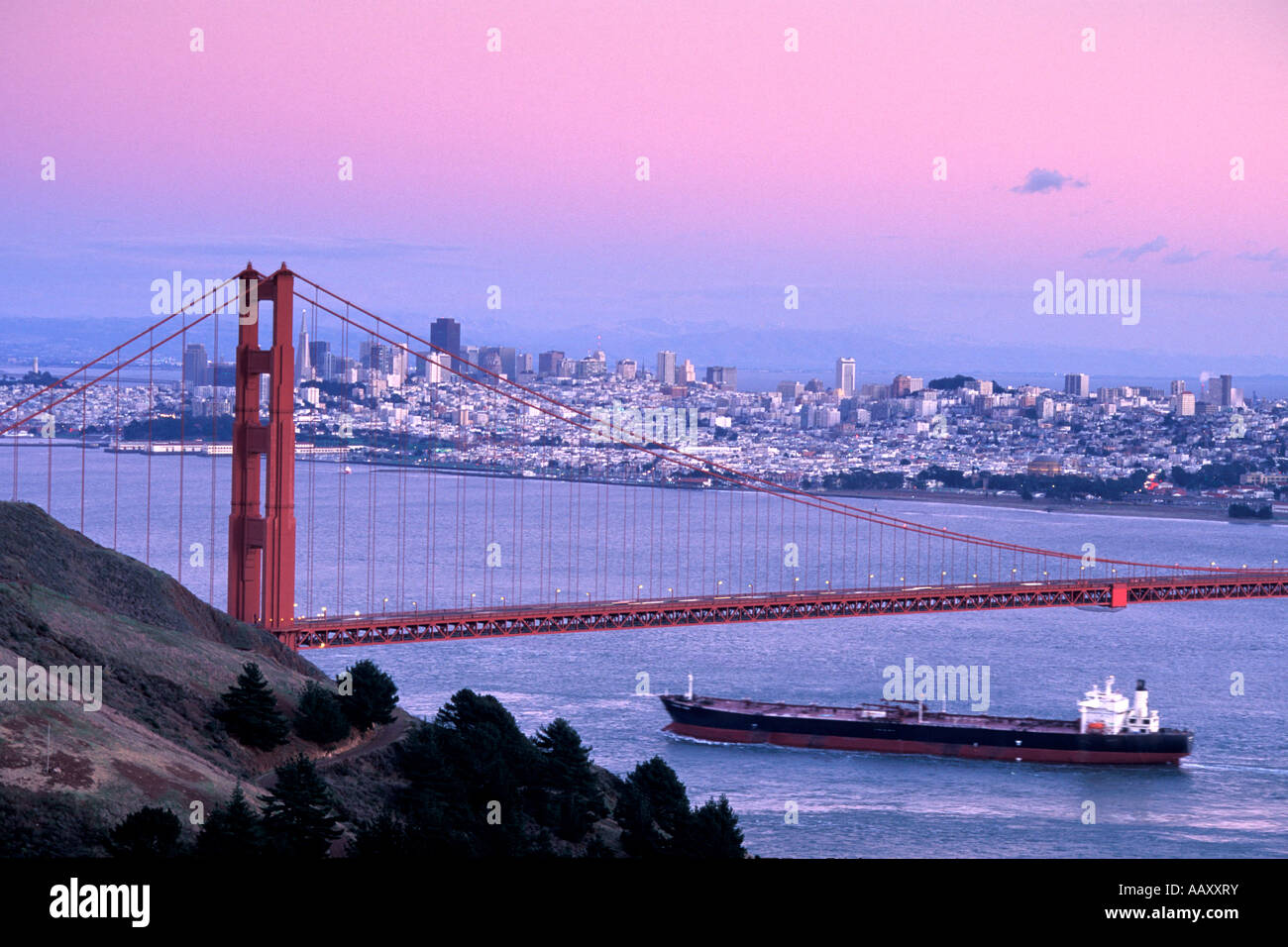Oil Tanker passing under Golden Gate Bridge entering San Francisco Bay ...