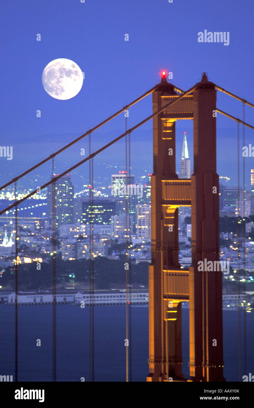 Golden Gate Bridge and full moon with San Francisco skyline in ...