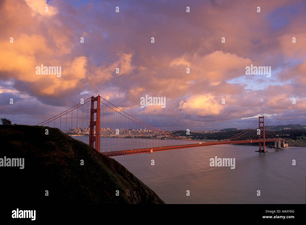 dramatic clouds at sunset over Golden Gate Bridge and San Francisco ...