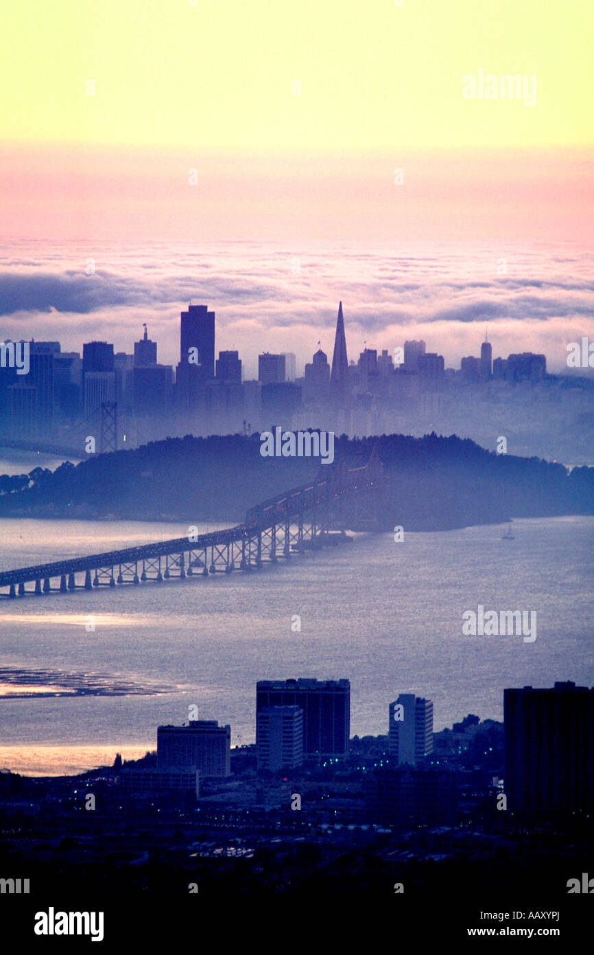 abstract San Francisco skyline in silhouette with fog from the Pacific ...