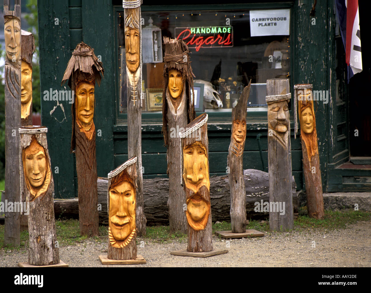 Totem Poles on Display at Cigar and Novelty Shop in Maine Stock Photo ...