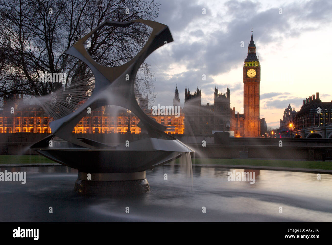 europe uk england london fountain sculpture and big ben at sunset Stock ...