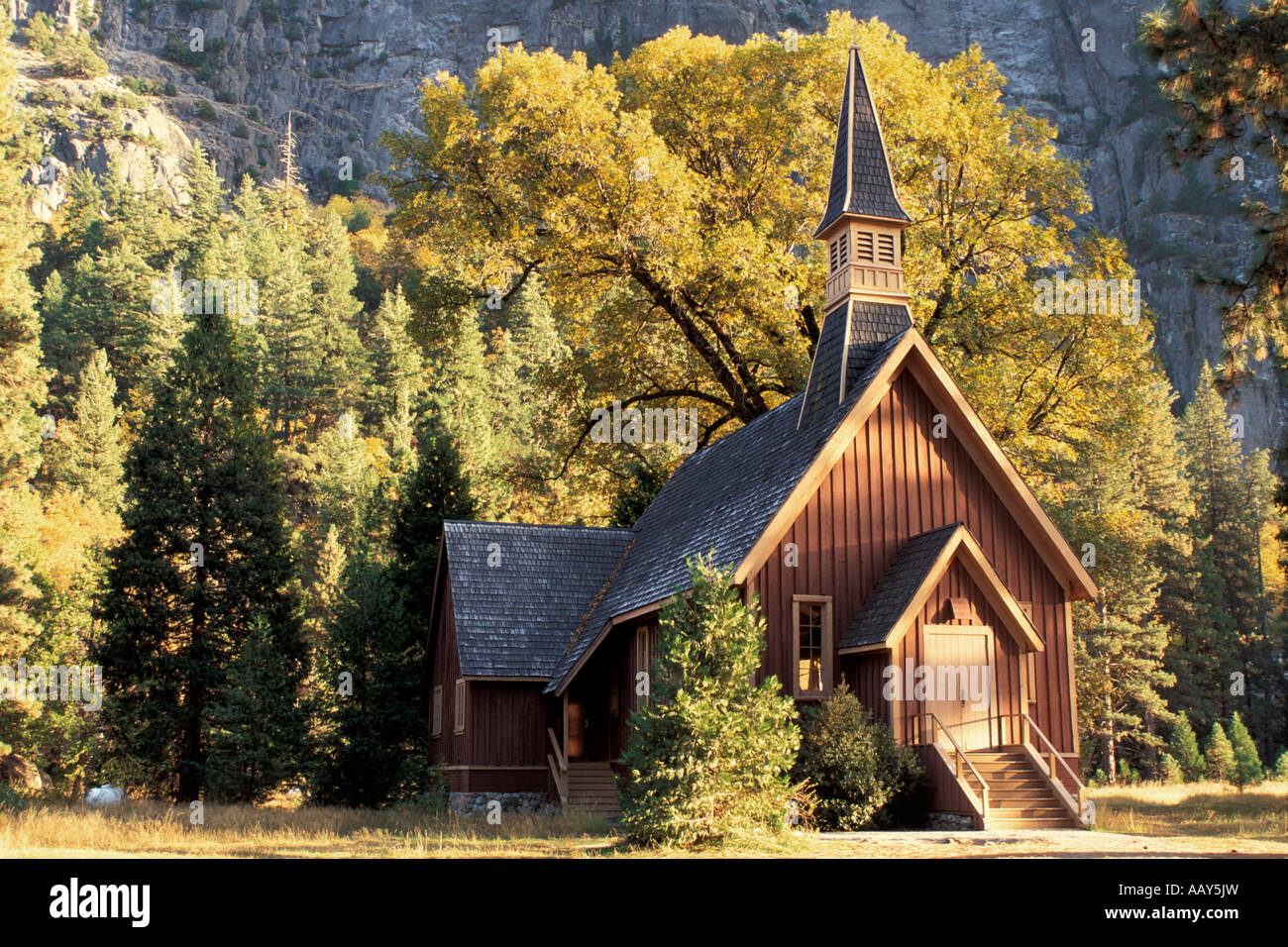 Little red church chapel in Yosemite National Park in Yosemite Valley ...