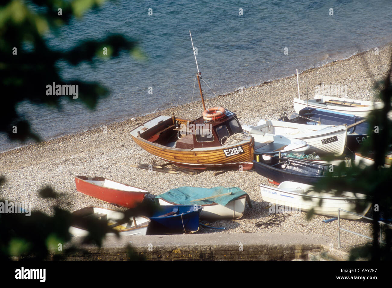 Small motor fishing boats on the beach at Sidmouth in Devon England UK ...