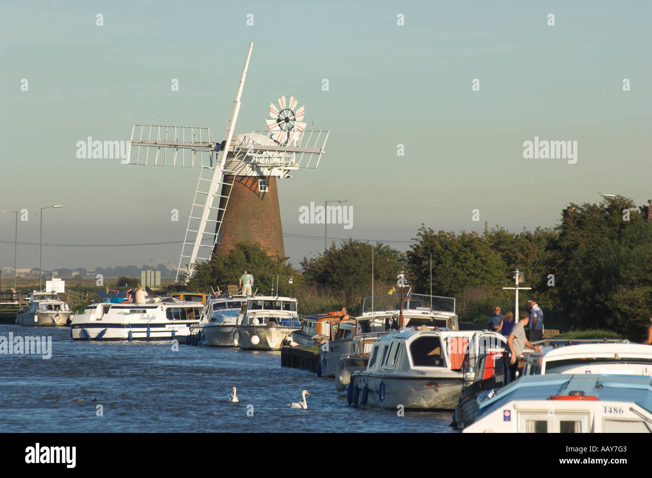 UK England Norfolk Broads river bure windmill tunstall three feathers ...
