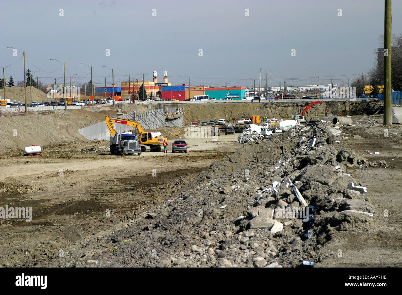 ROAD CONSTRUCTION; Construction of an overpass at a busy intersection ...