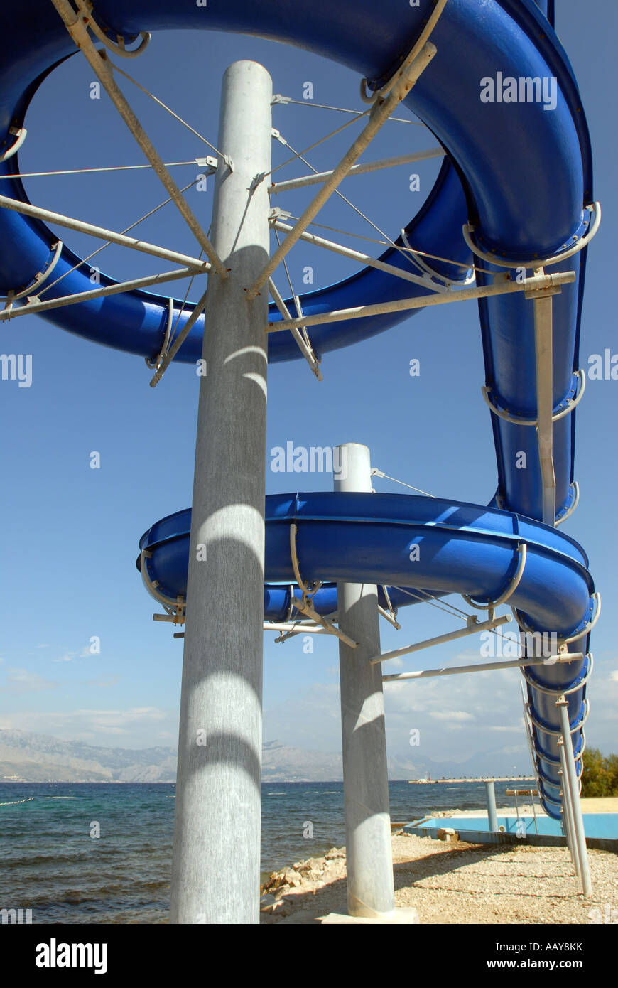 Underside of a water slide on the beach at Supetar on the Island of ...