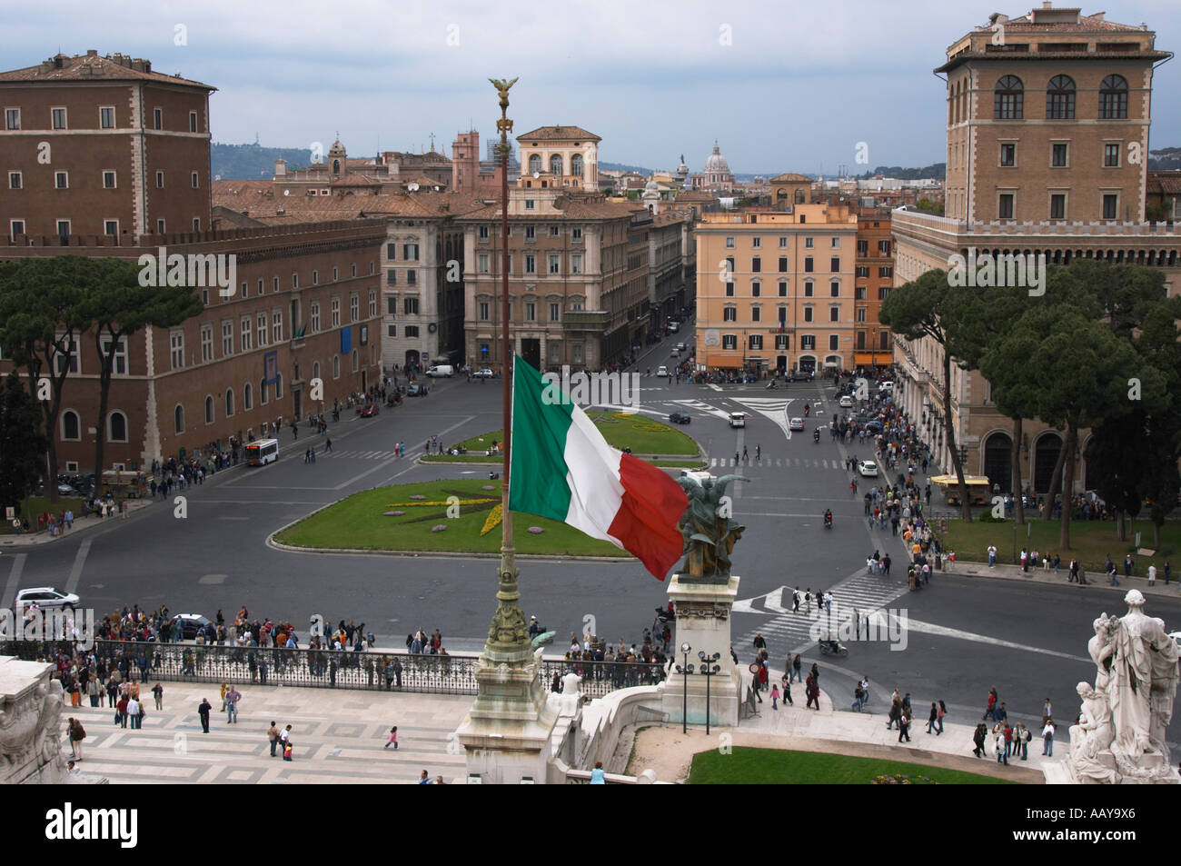 Italian flag at half mast overlooking the Piazza Venezia in Rome from ...