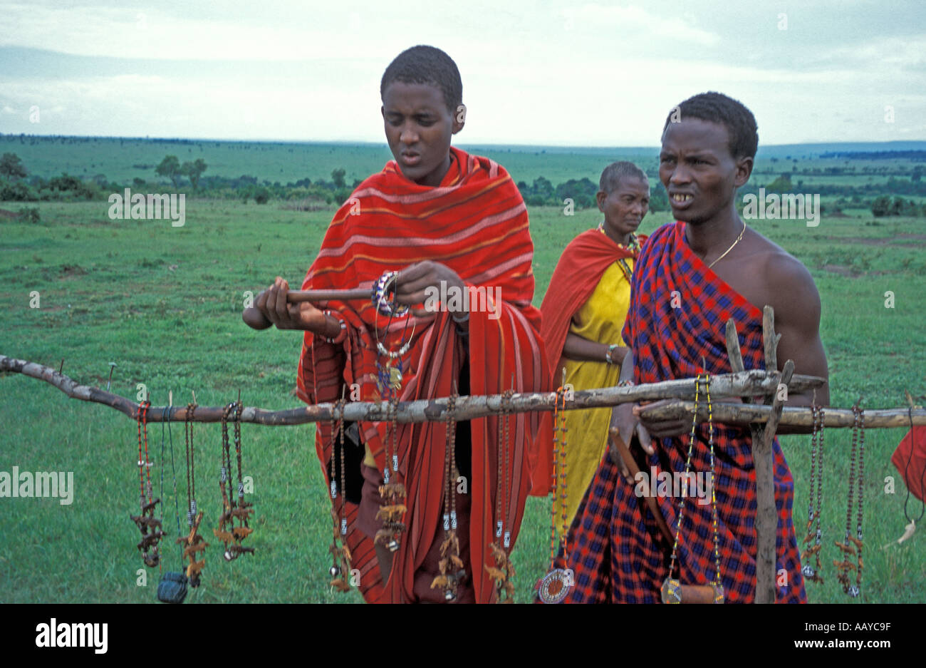 KENYA Masai Mara National Reserve Masai warriors in traditional red ...
