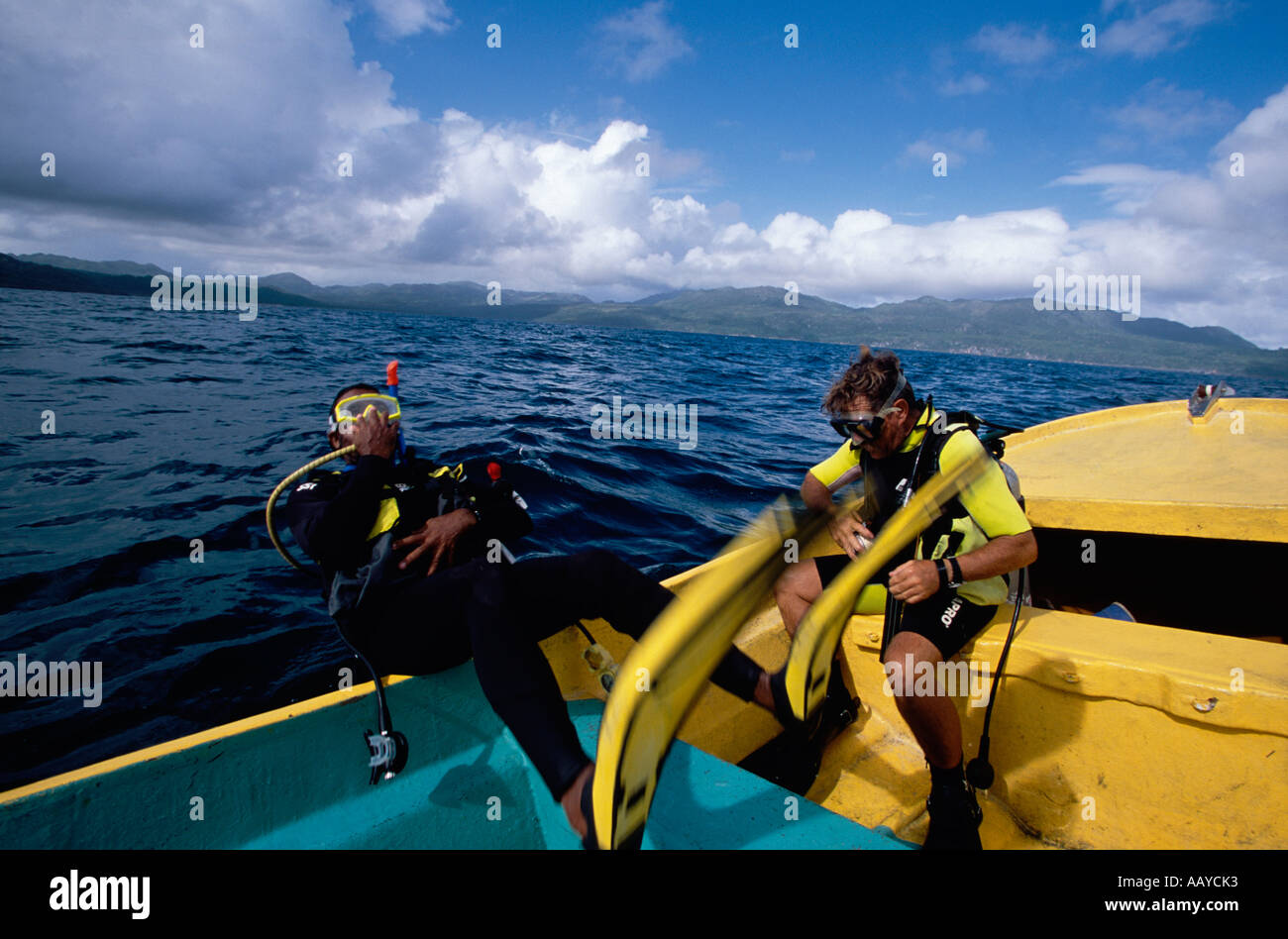Diving Las Galeras diver is falling backyards into water Las Galeras ...