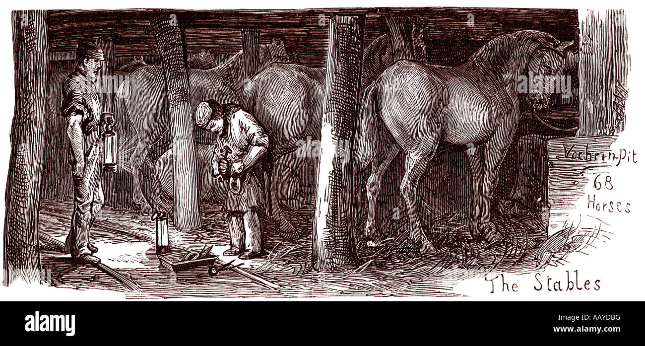 The stables in a coal mine Vochrin Pit in 1875 with a blacksmith at ...