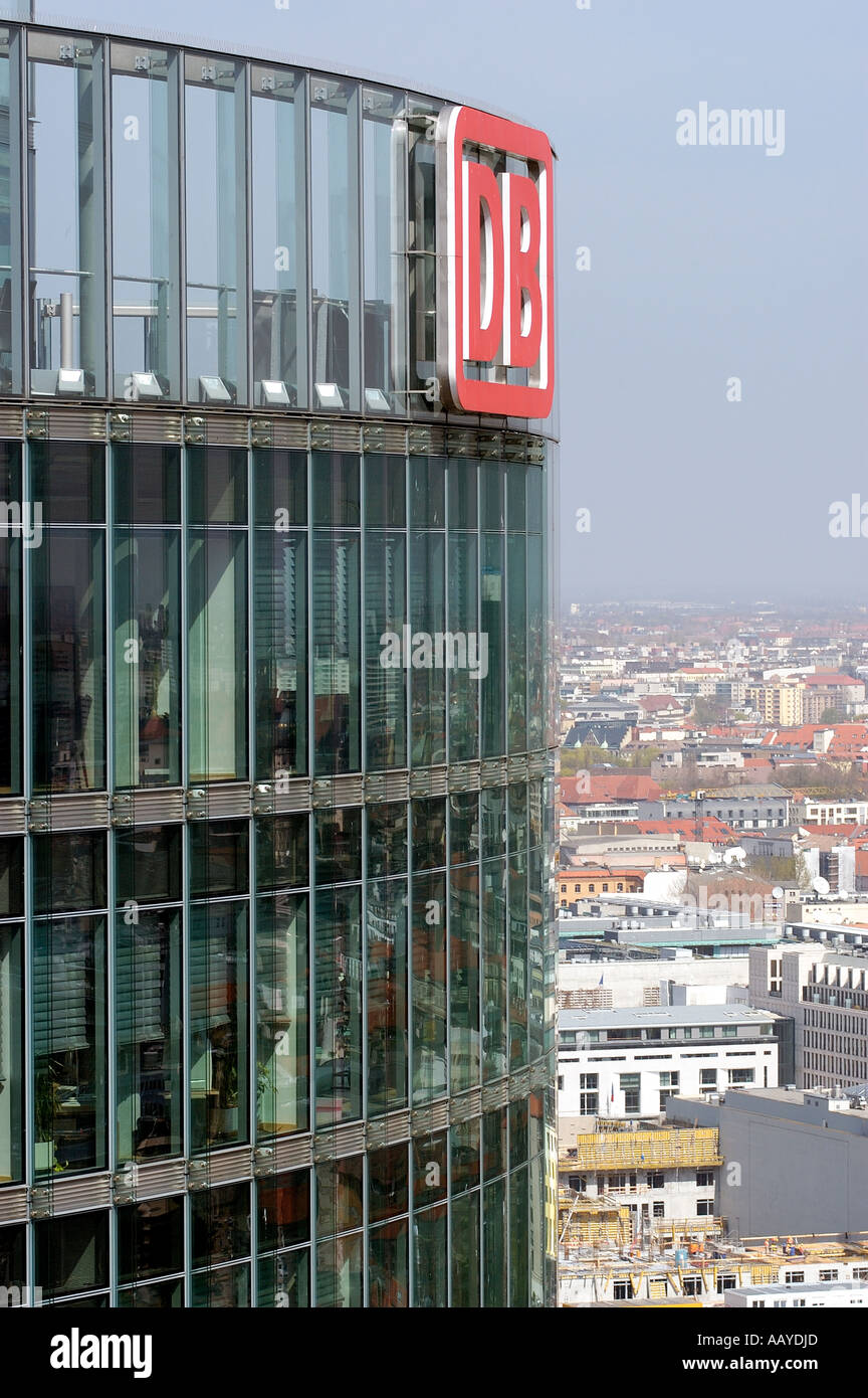 DB Tower at the Potsdamer Platz detail of facade with logo head office ...