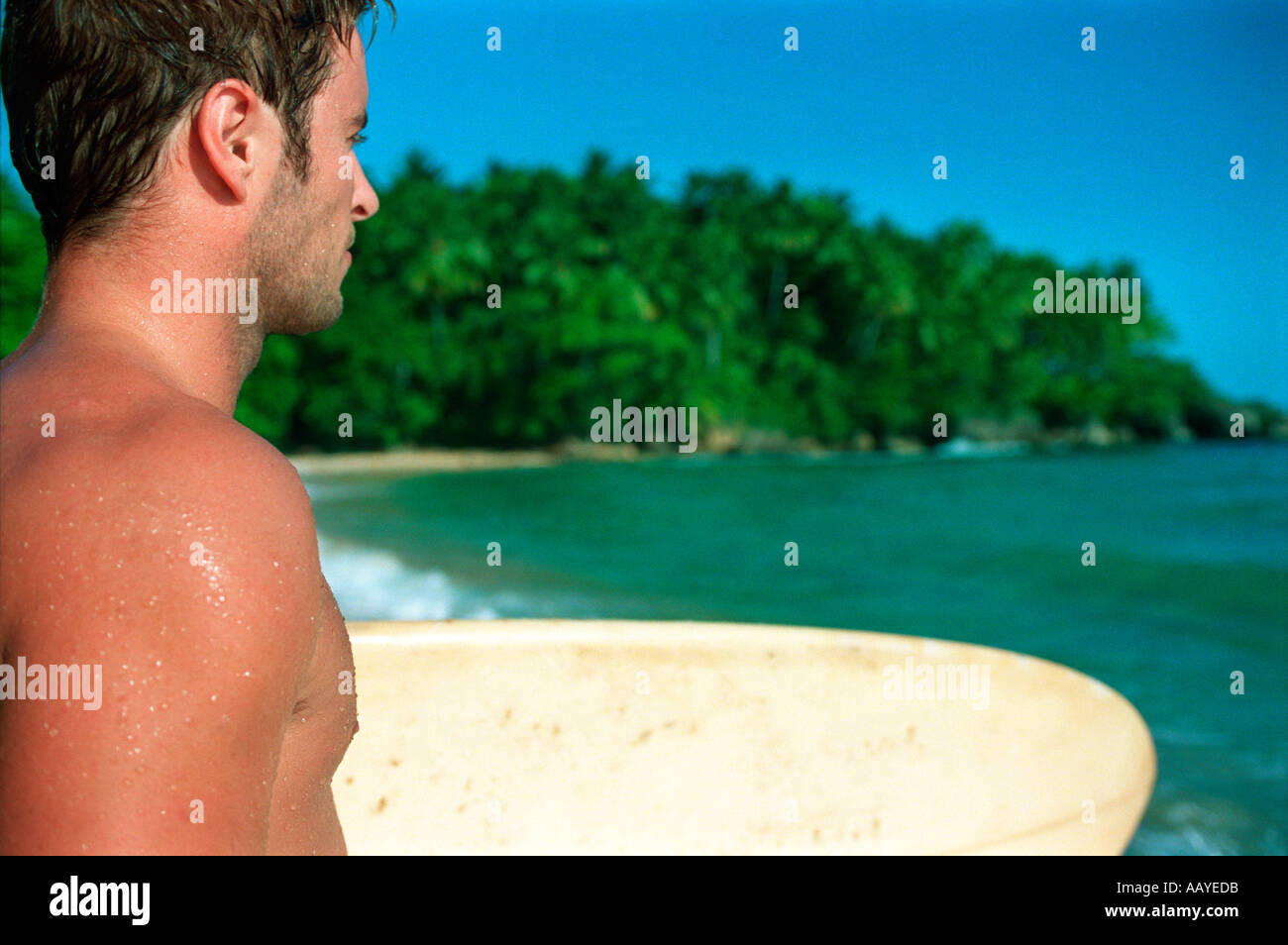 man with surfboard on tropical beach Stock Photo - Alamy