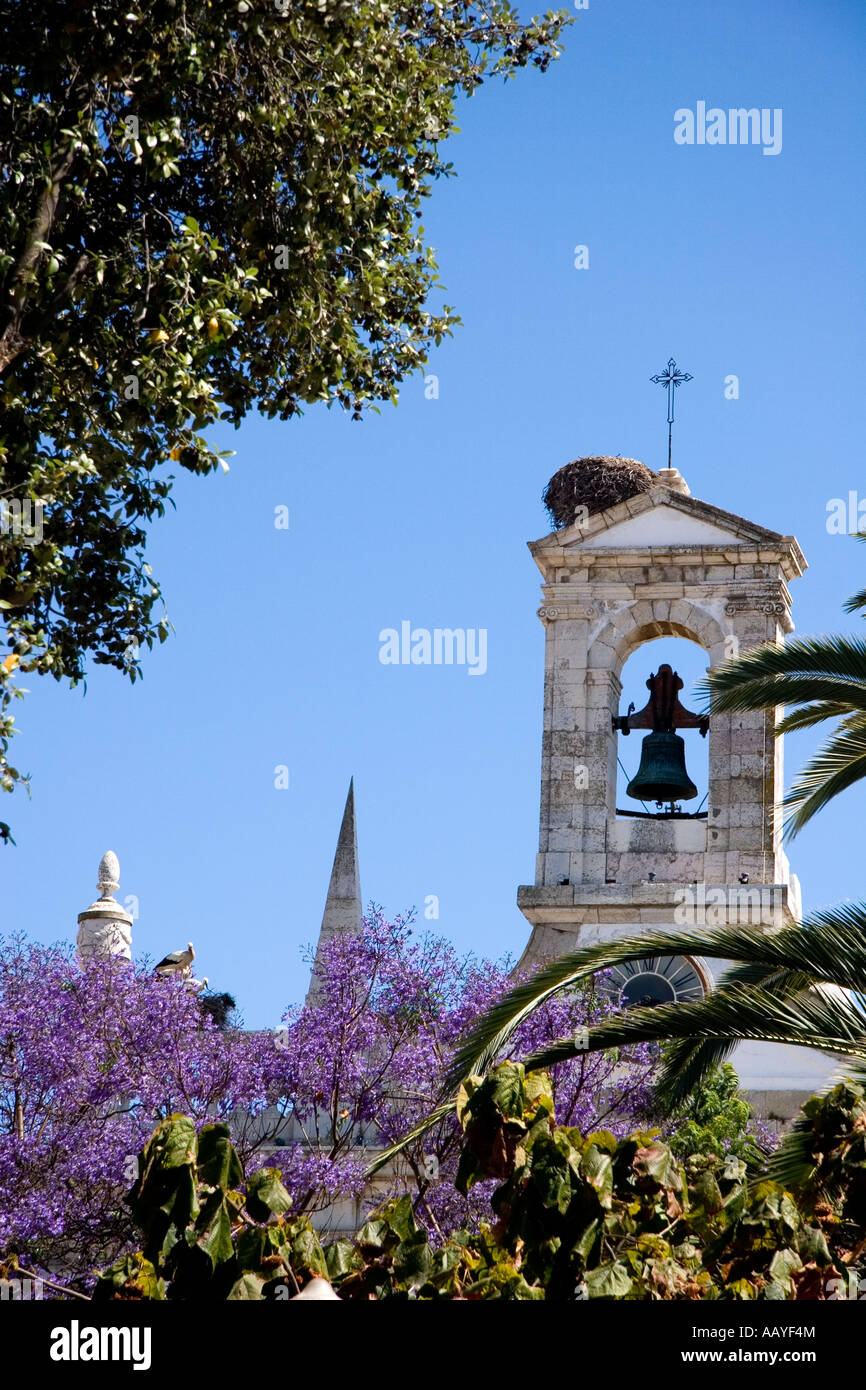 Stork nest on top of Faro old town center town gate Arca da vila ...