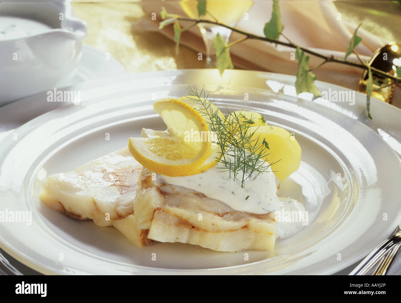 Fish with Cold Dill Sauce Stock Photo - Alamy